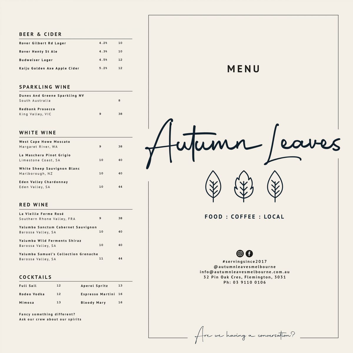 Menu Autumn Leaves Melbourne